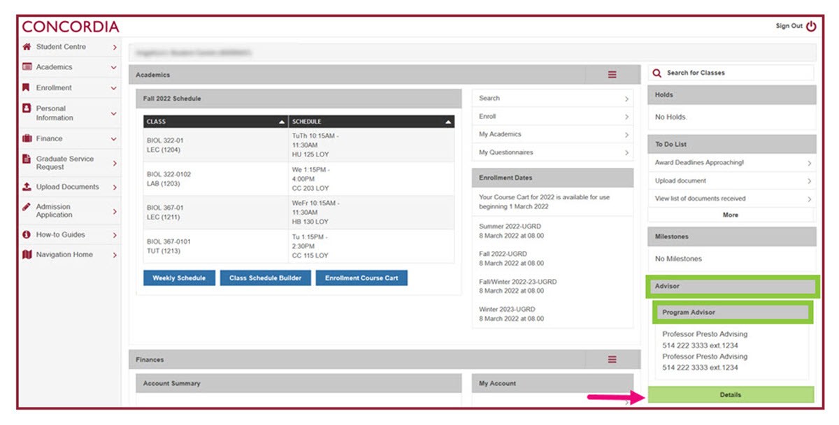How to view your advisor's contact information (Laptop) - Concordia ...