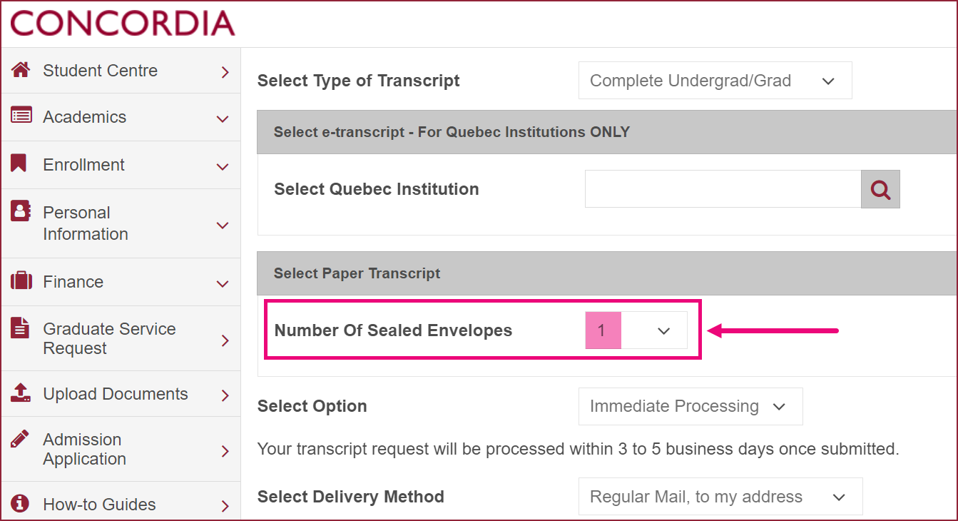 How to request an official transcript (Laptop) - Concordia University