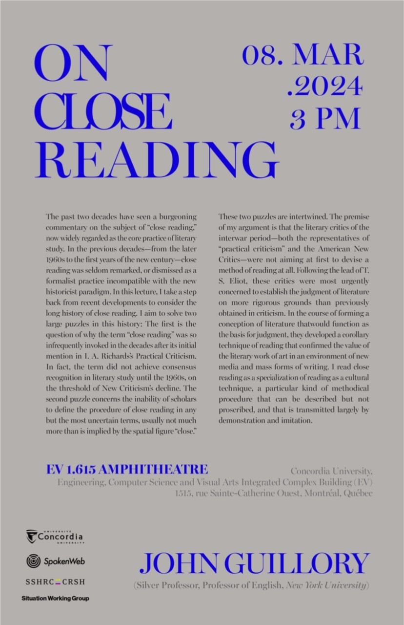 On Close Reading - A Lecture by John Guillory | Events - Concordia ...